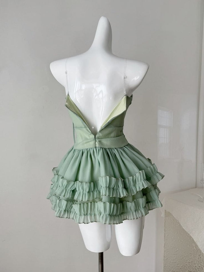 Flowy A Line Strapless Layered Green Chiffon Short Homecoming Dress Co ...
