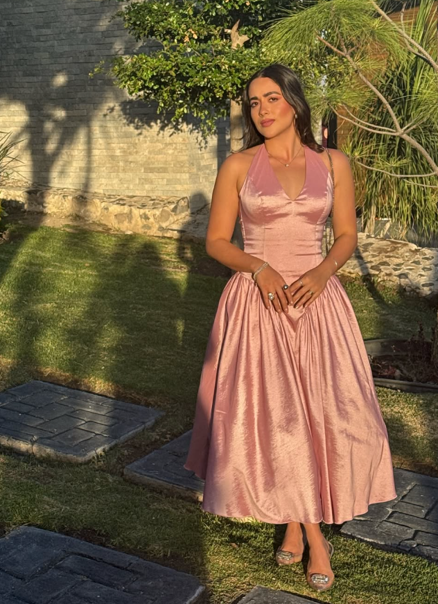 Cute A Line Halter Pink Satin Open Back Prom Dress Graduation Prom Dre ...