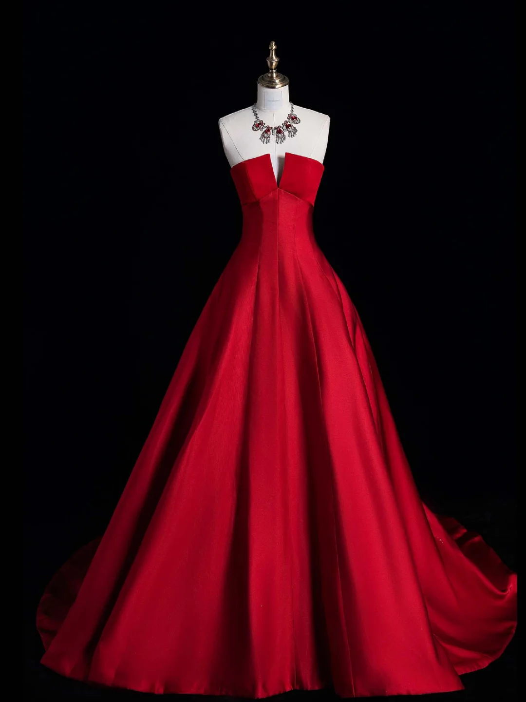Simple A Line Strapless Red Satin Long Sweep Prom Dress Graduation Pro ...