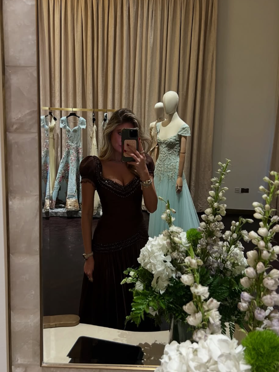 Dark Brown A Line Short Sleeve Beaded Chiffon Long Prom Dress Evening ...