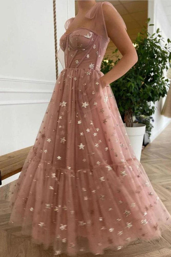 Sparkly Stars Tulle Blush Pink Prom Dresse Shiny Princess Evening Dres ...