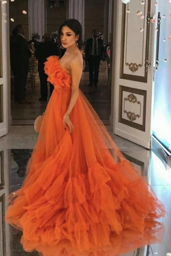 Orange Ruffles Tulle Evening Party Dresses Strapless Tiered Long Prom ...